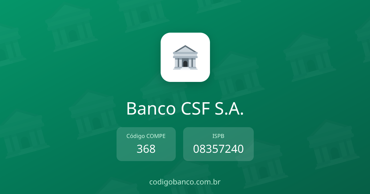 Código Banco Banco CSF S.A. (368) | COMPE, ISPB e PIX